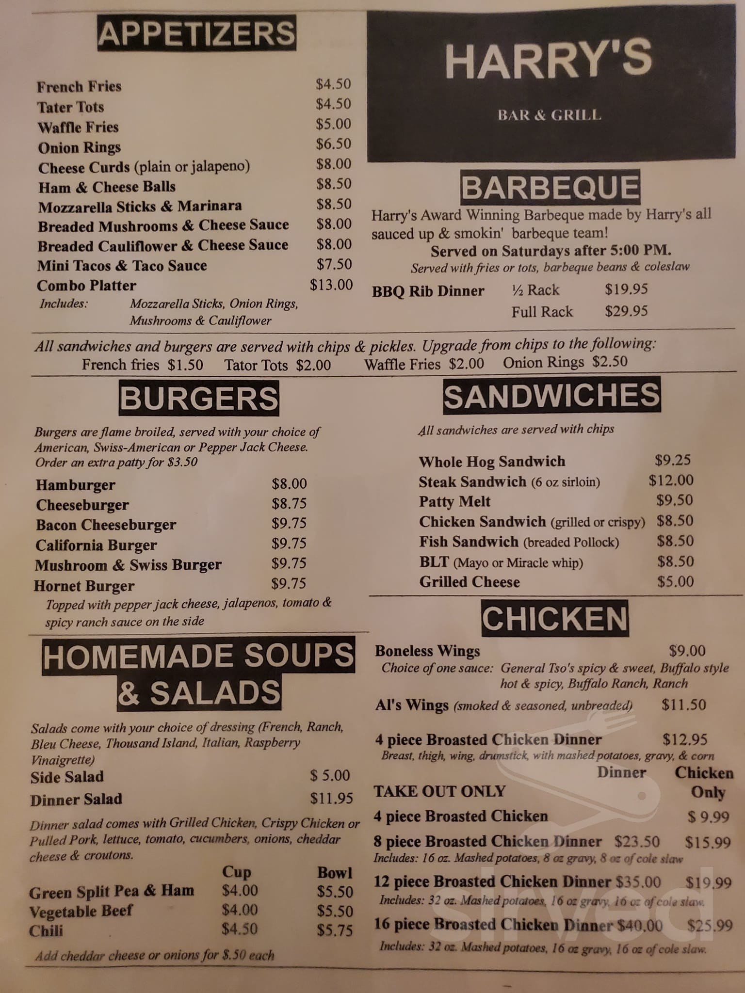 Harry's Bar menu in Hill City, Minnesota, USA