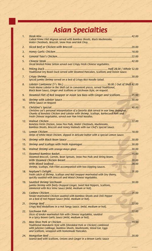 Christine Lee's menu in Hallandale Beach, Florida, USA