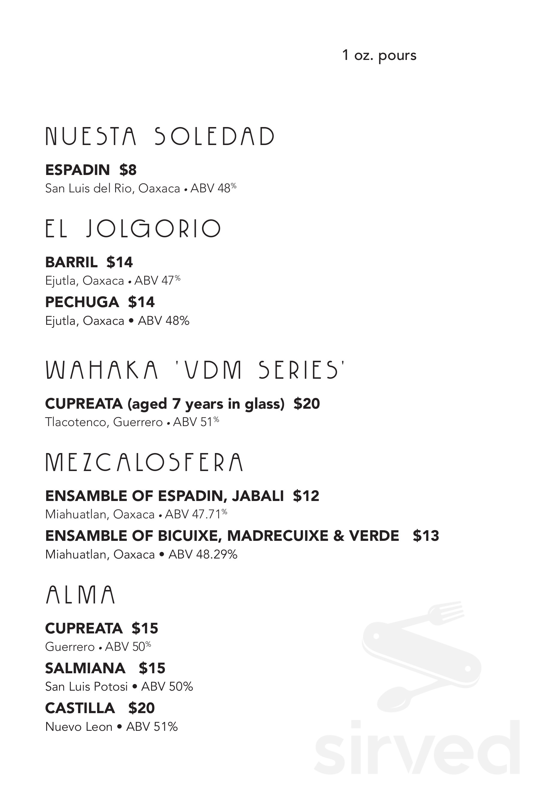 Clavel menu in Baltimore, Maryland, USA