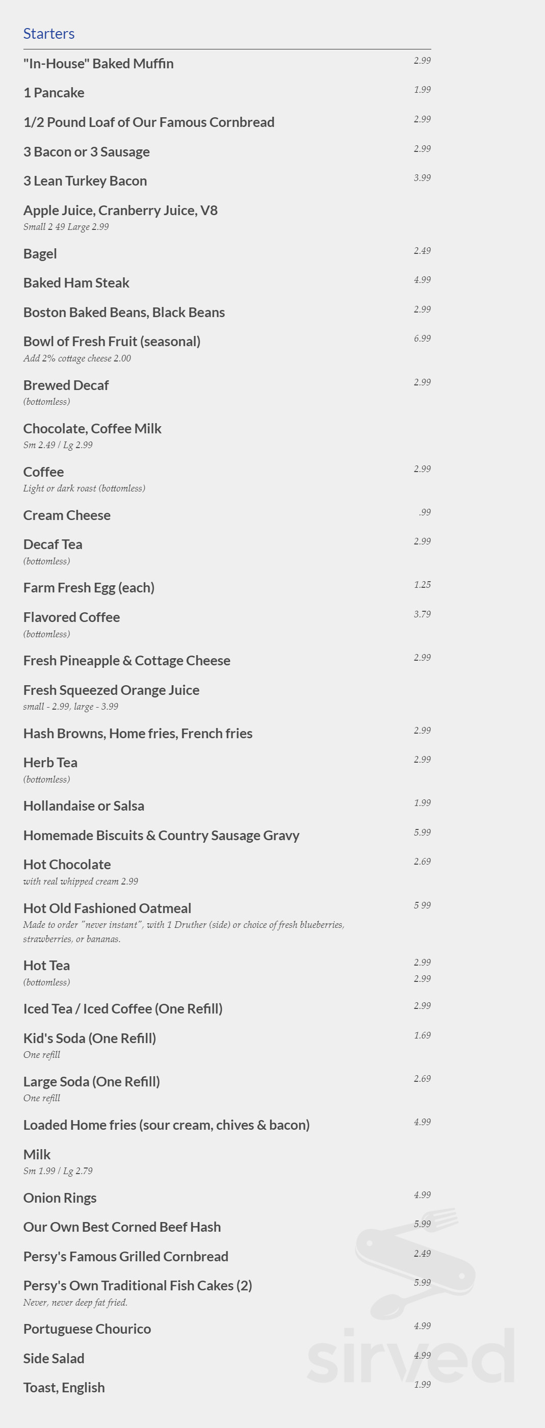 Menu - East Wareham MA's Persy's Place Wareham, MA | Sirved