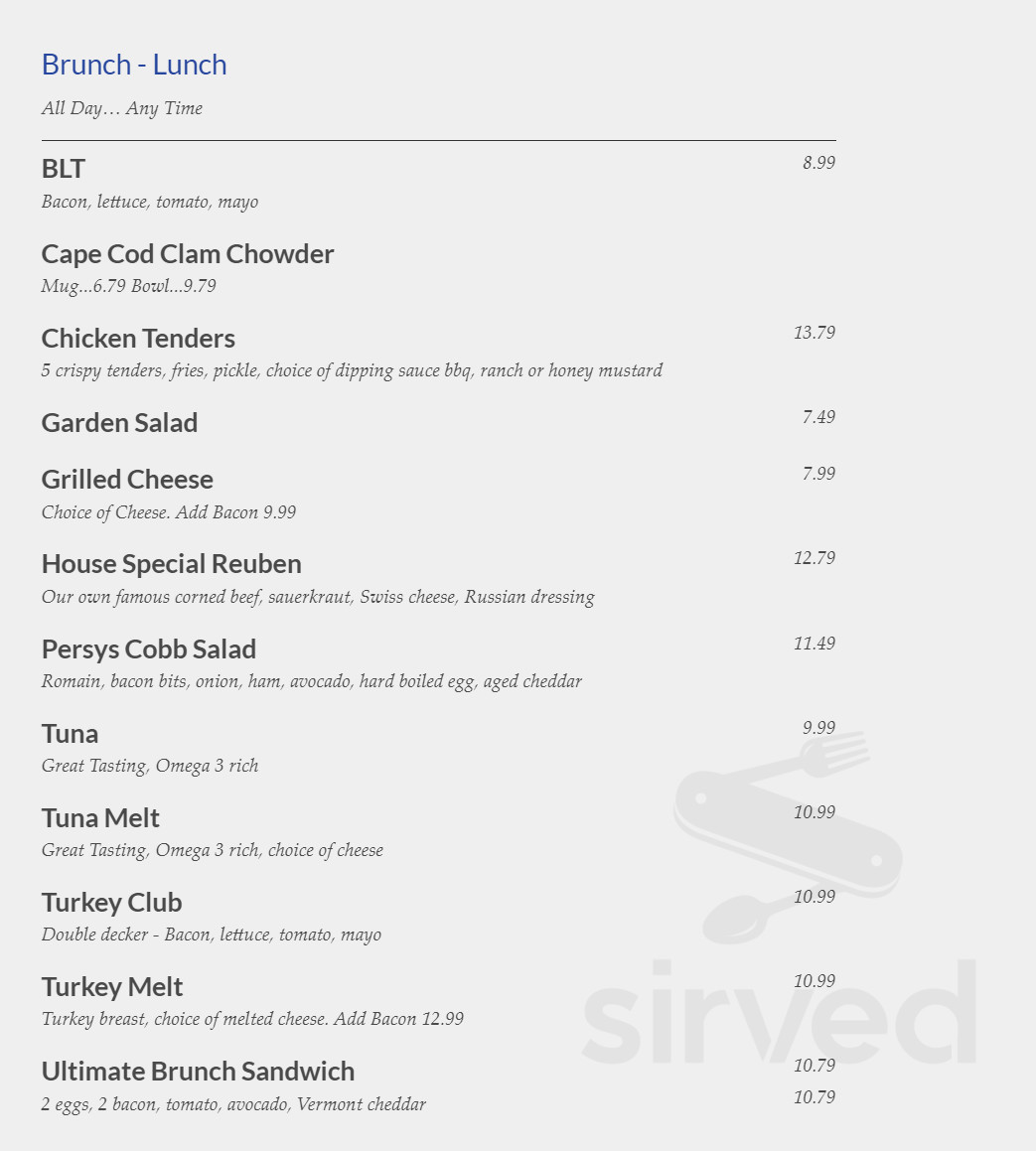 Menu - East Wareham MA's Persy's Place Wareham, MA | Sirved