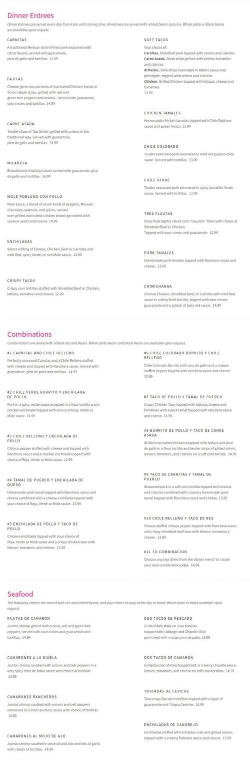 Tres Hermanas menu in Davis, California, USA