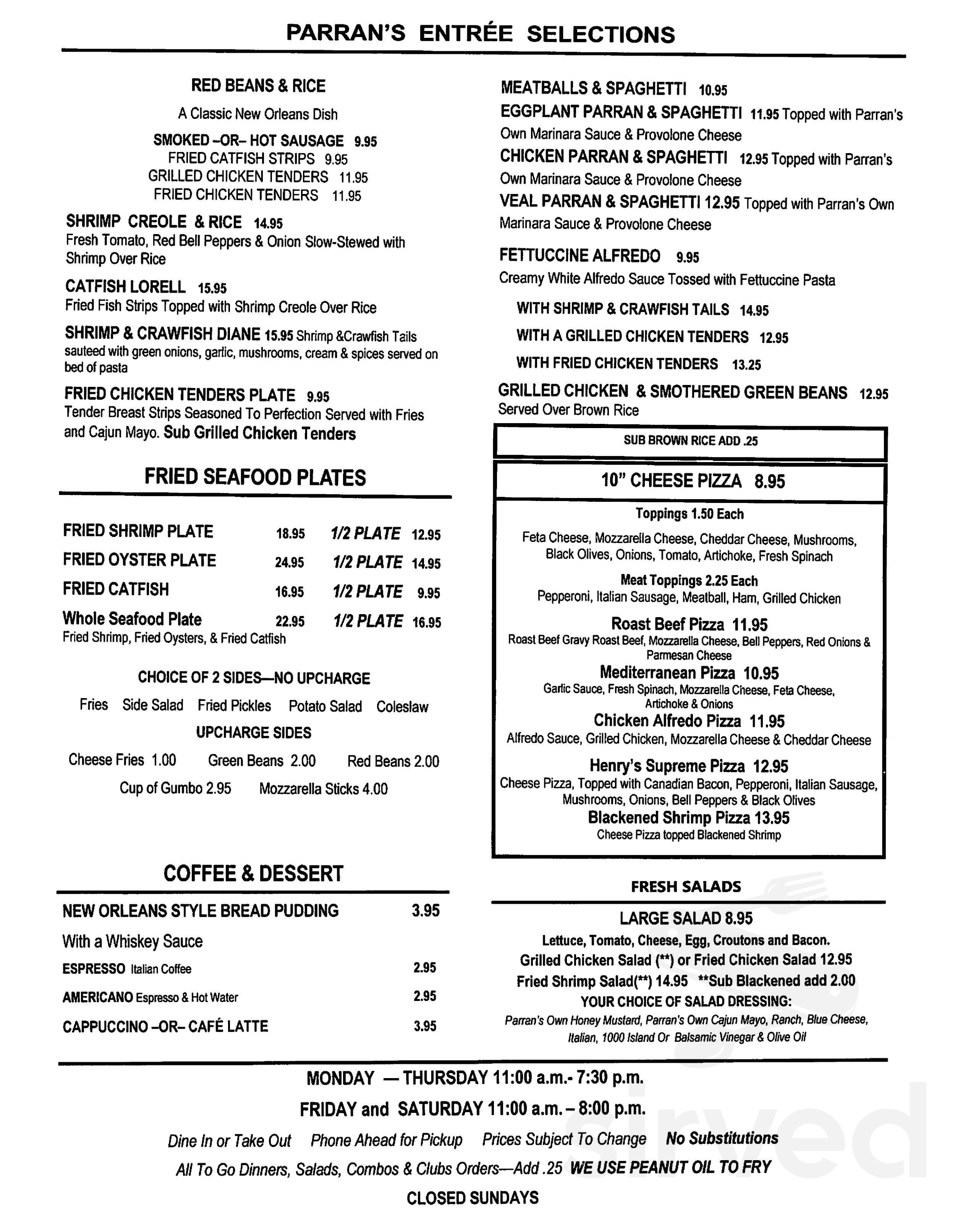 Menu - Metairie LA's Parran's Catering | Sirved