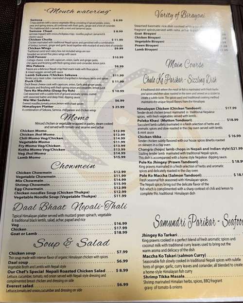 Taste From Everest menu in Manhattan, New York, USA