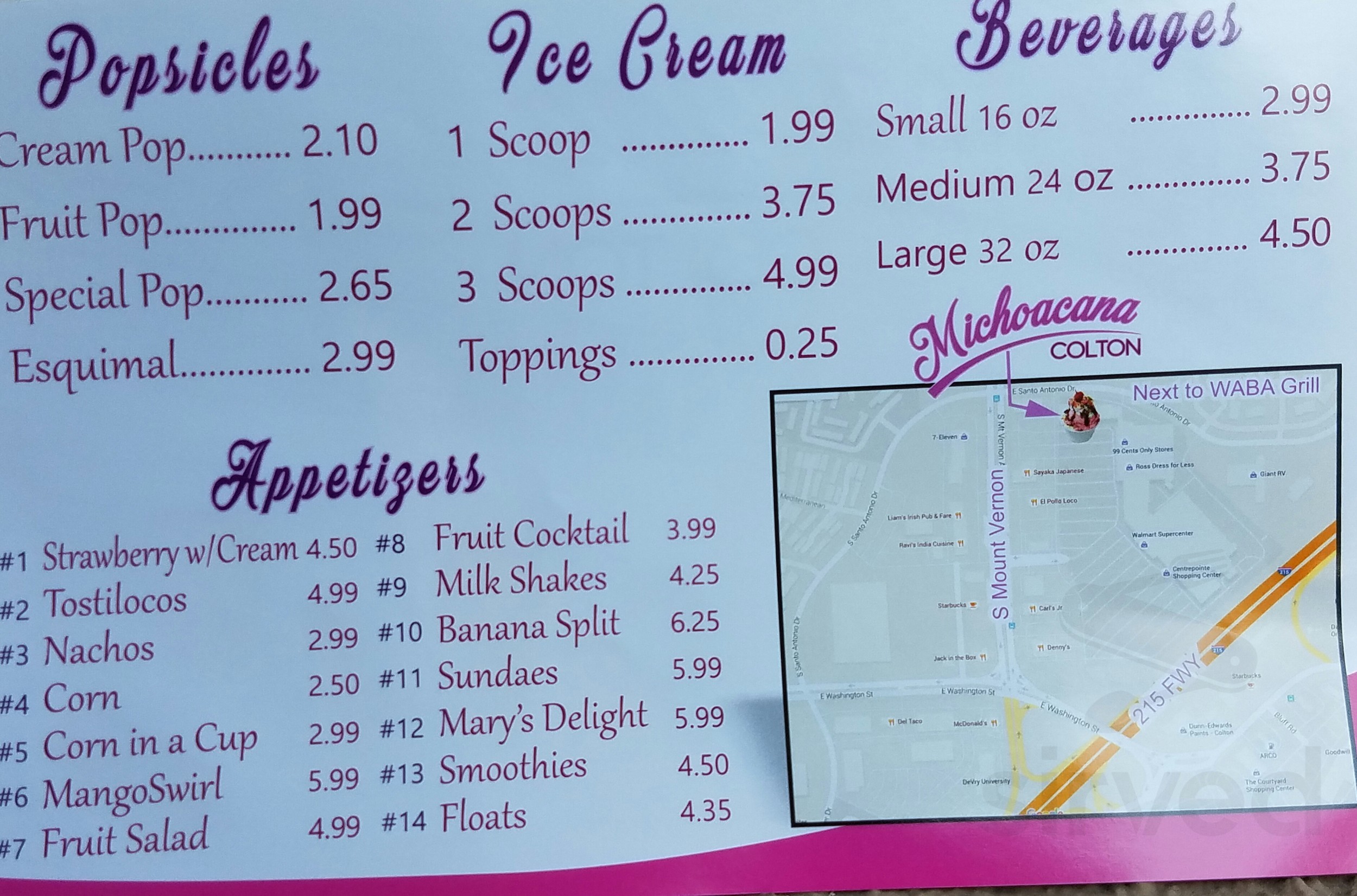 Michoacana Colton menu in Colton, California, USA