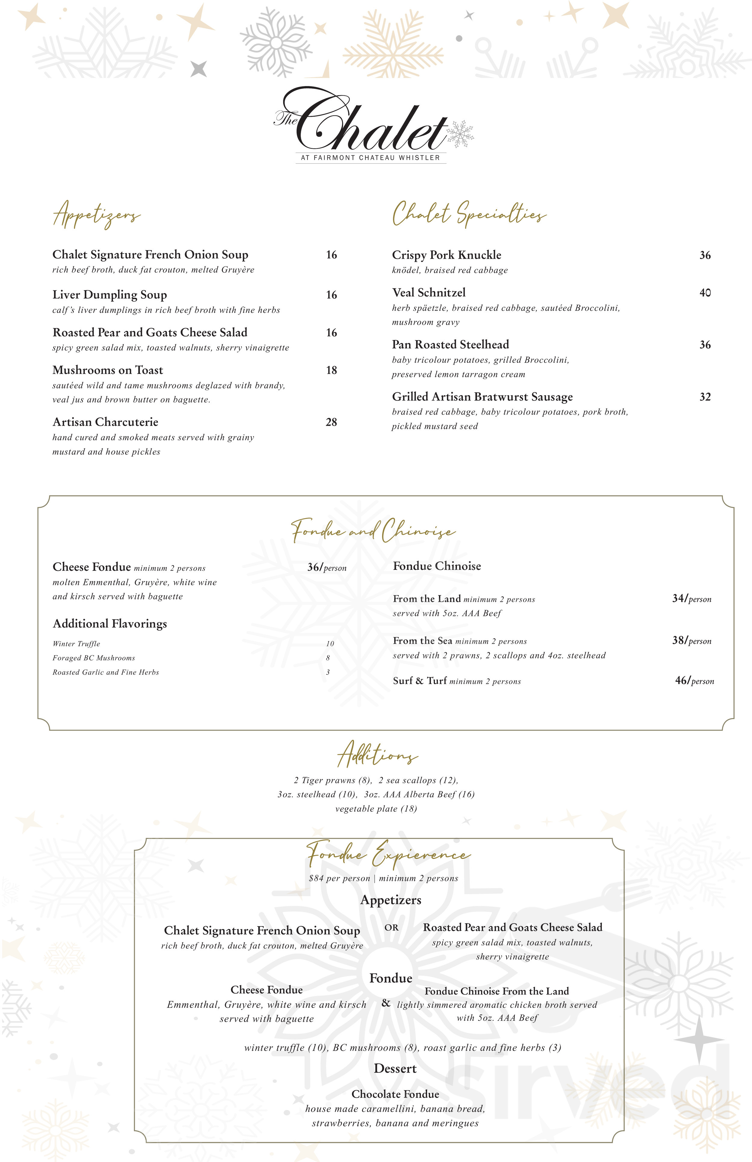 The Chalet menu in Whistler, British Columbia, Canada