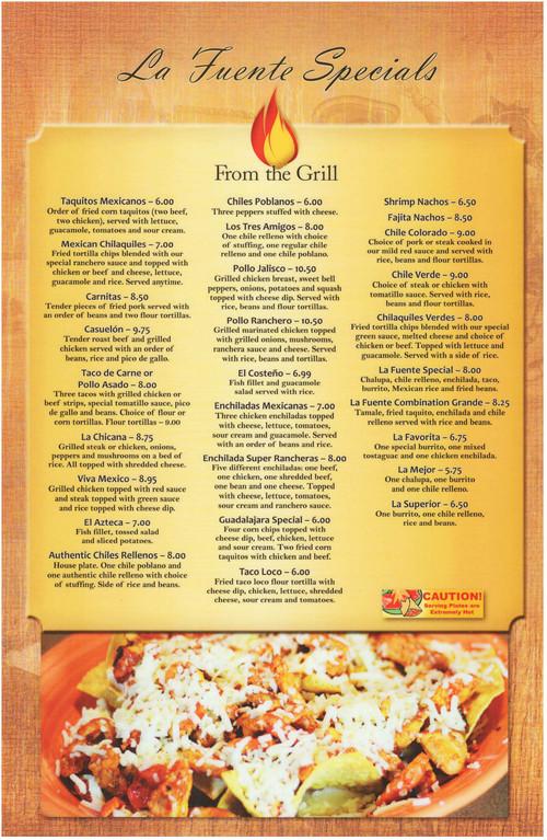 La Fuente menu in Elkin, North Carolina, USA