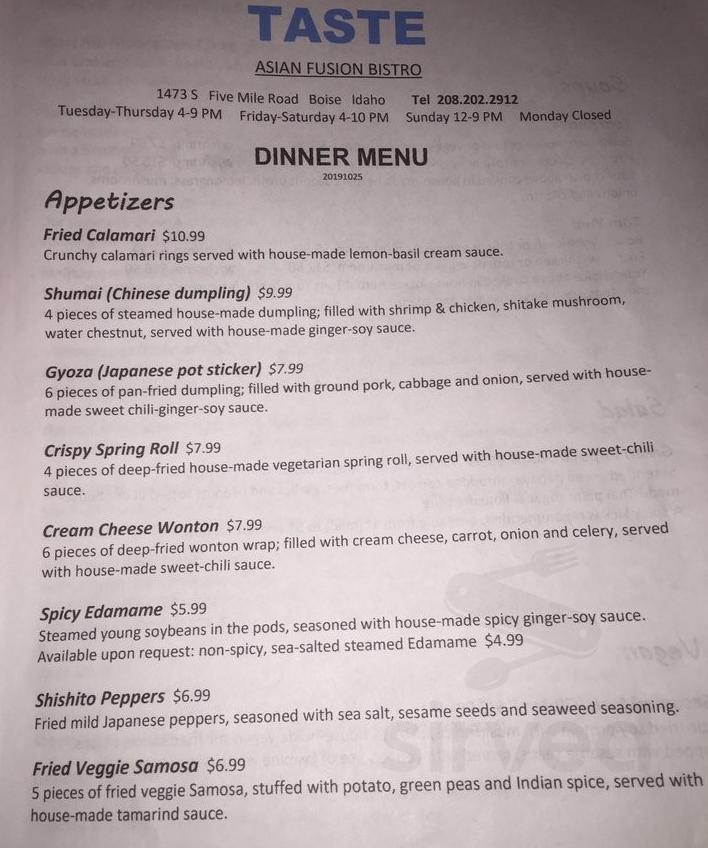 Taste Asian Fusion Bistro menu in Boise, Idaho, USA