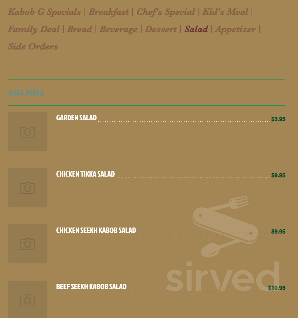 Kabob G menu in Dale City, Virginia, USA