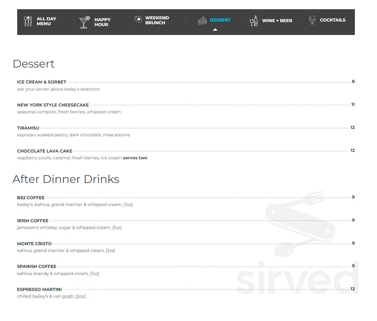 Menu for PIER 7 Restaurant + Bar in North Vancouver, BC | Sirved