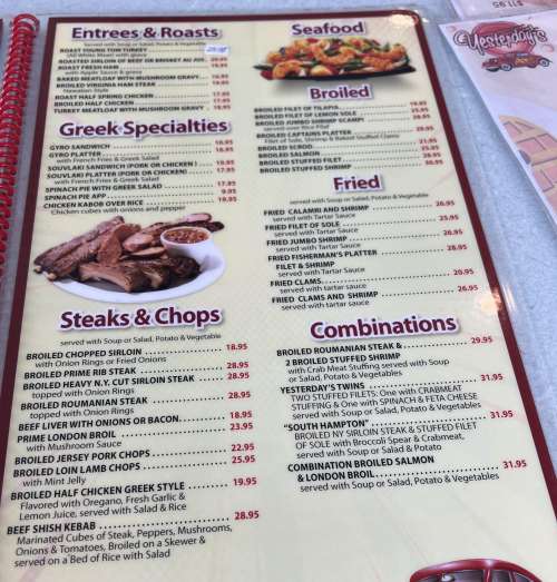 Yesterday's Diner menu in New Hyde Park, New York, USA