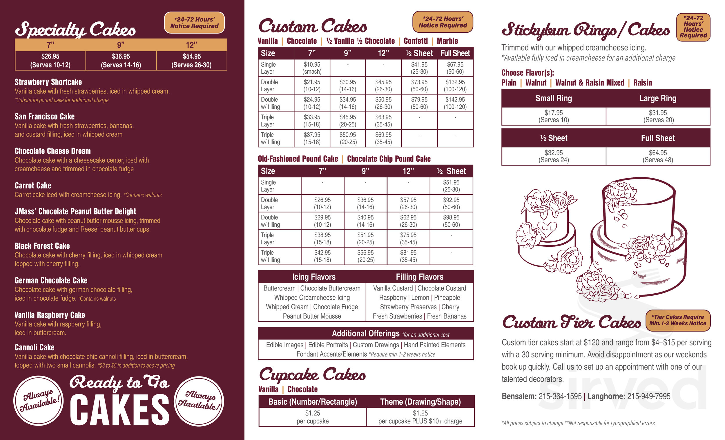 Fritz's Bakery menu in Bensalem, Pennsylvania, USA