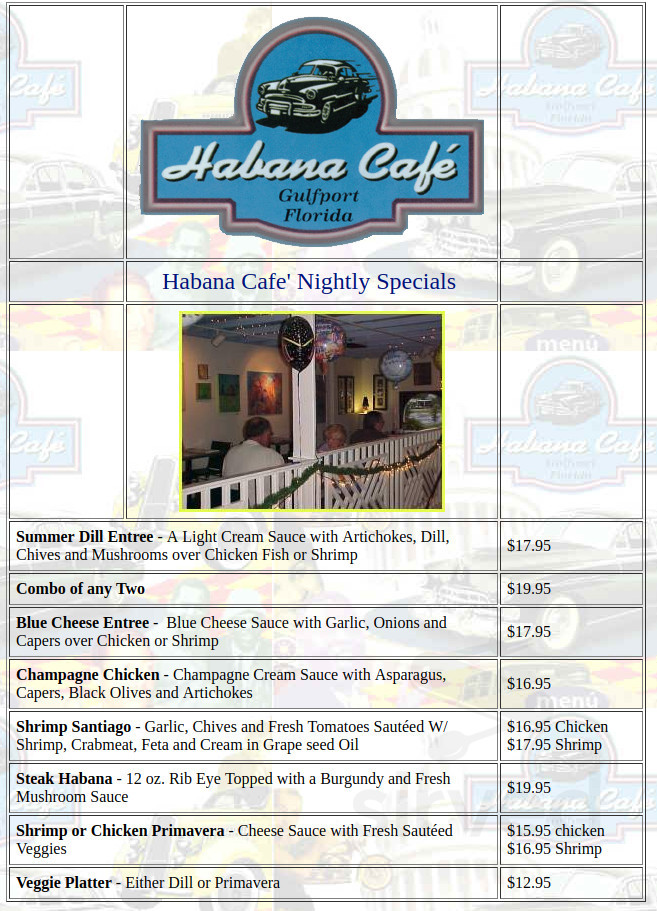 Menu for Habana Café in Gulfport, FL | Sirved