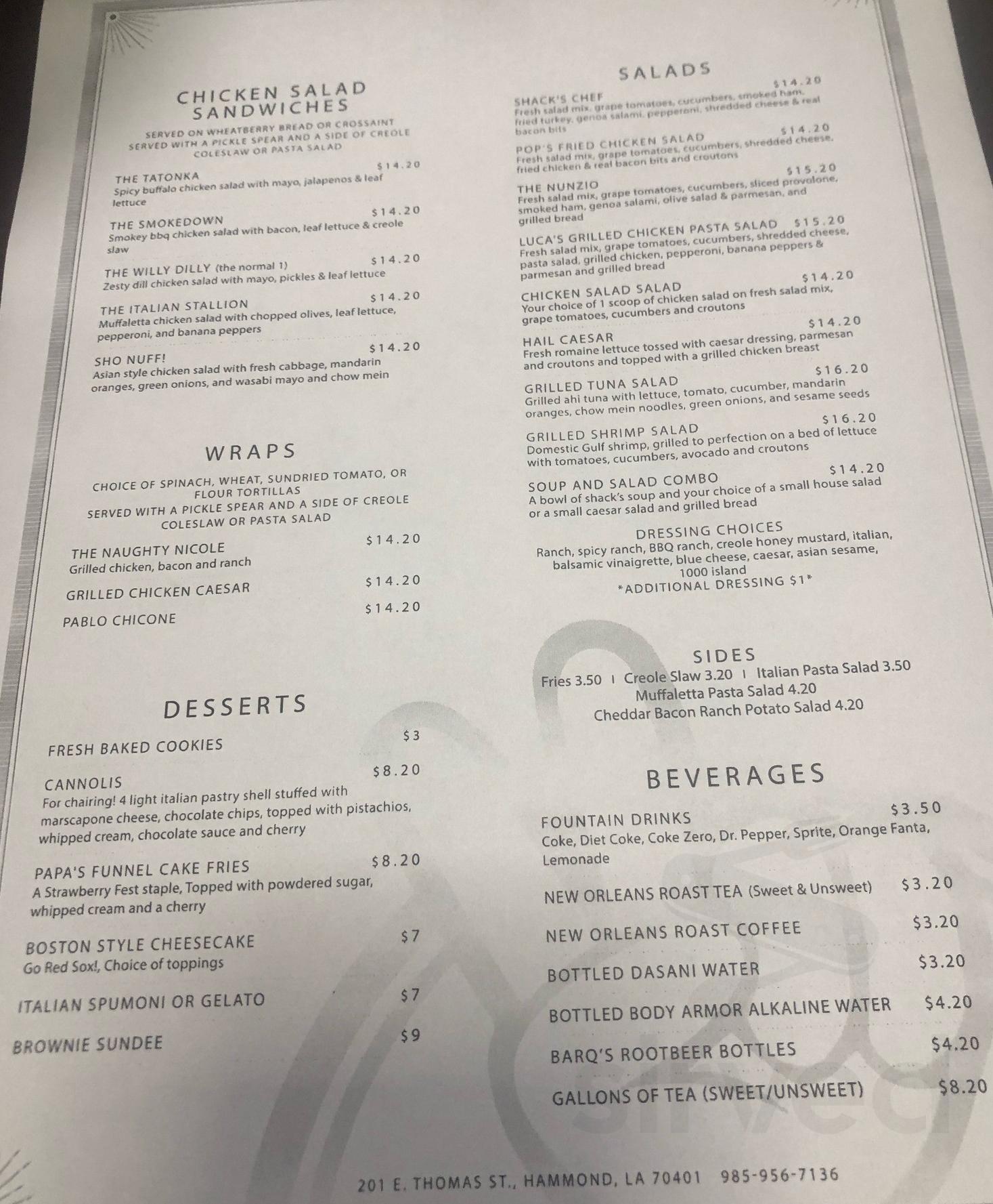 Shack's Restaurant menus in Hammond, Louisiana, United States