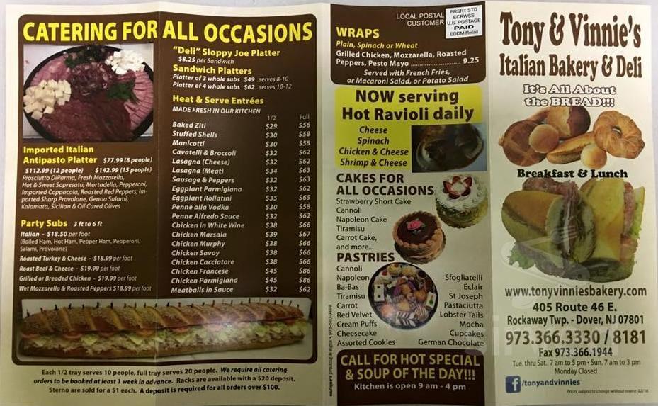 Tony & Vinnies Italian Bakery & Deli menu in Dover, New Jersey, USA