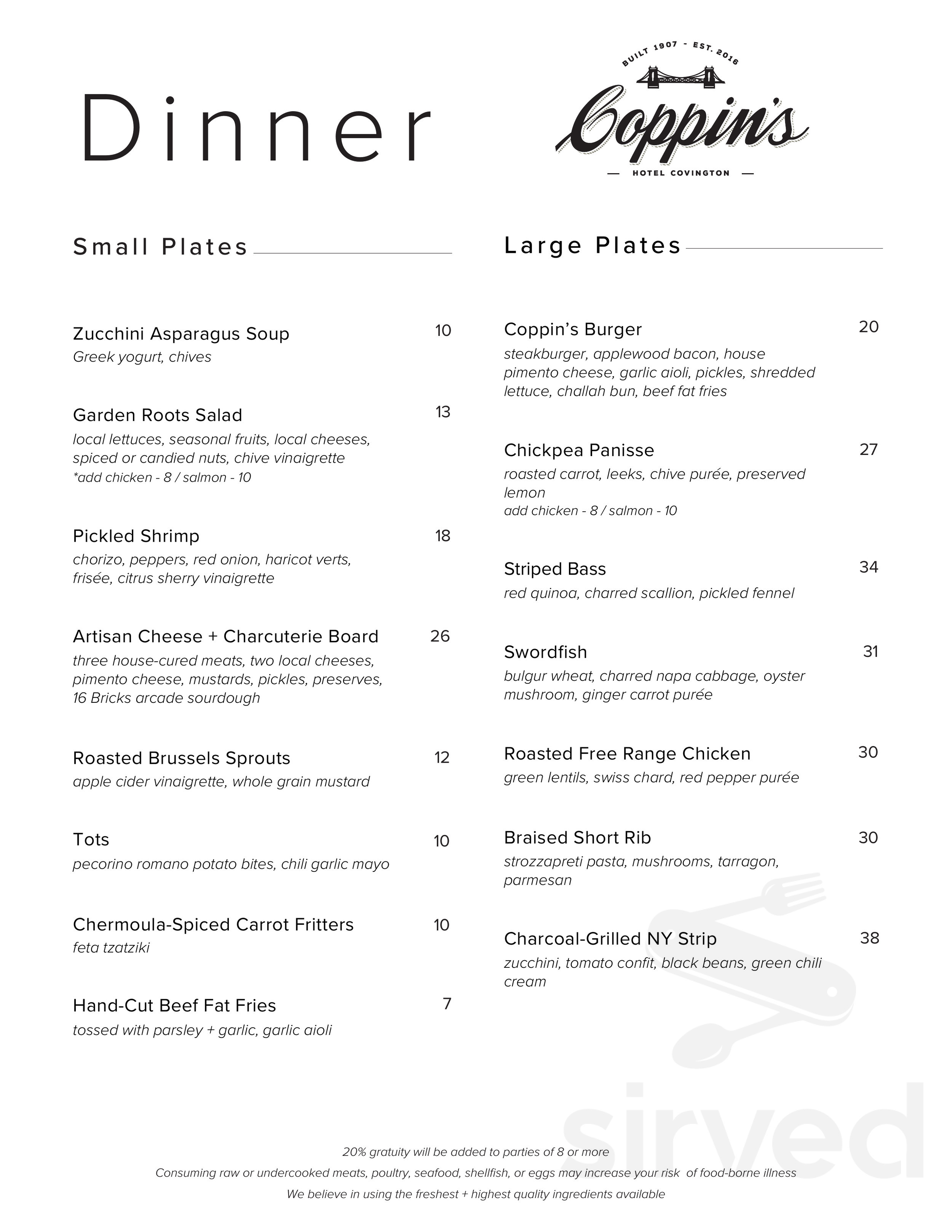 Menu for Coppin's Restaurant & Bar in Covington, KY | Sirved