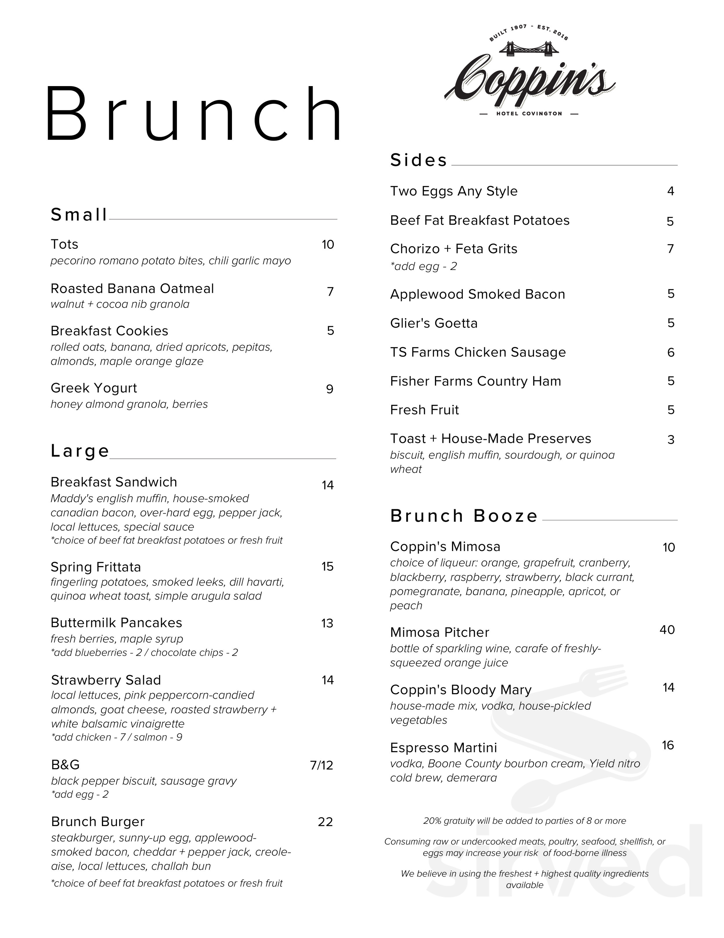 Coppin's Restaurant & Bar menu in Covington, Kentucky, USA