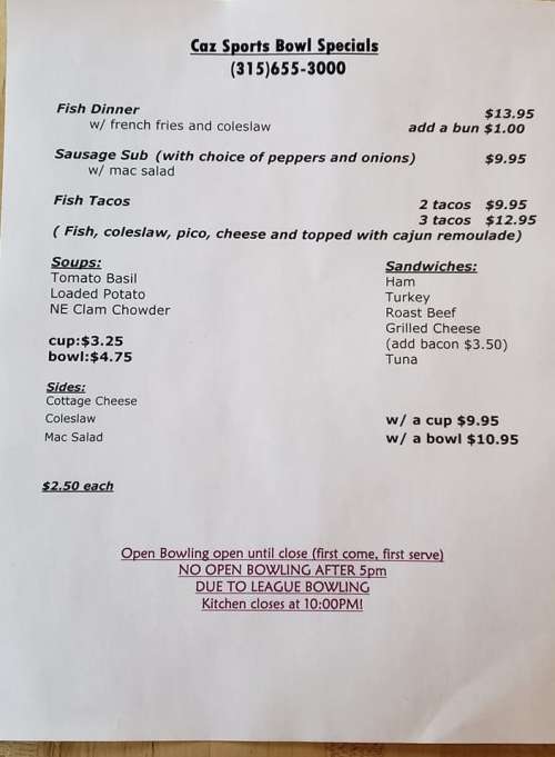 Caz Sports Bowl menu in Cazenovia, New York, USA