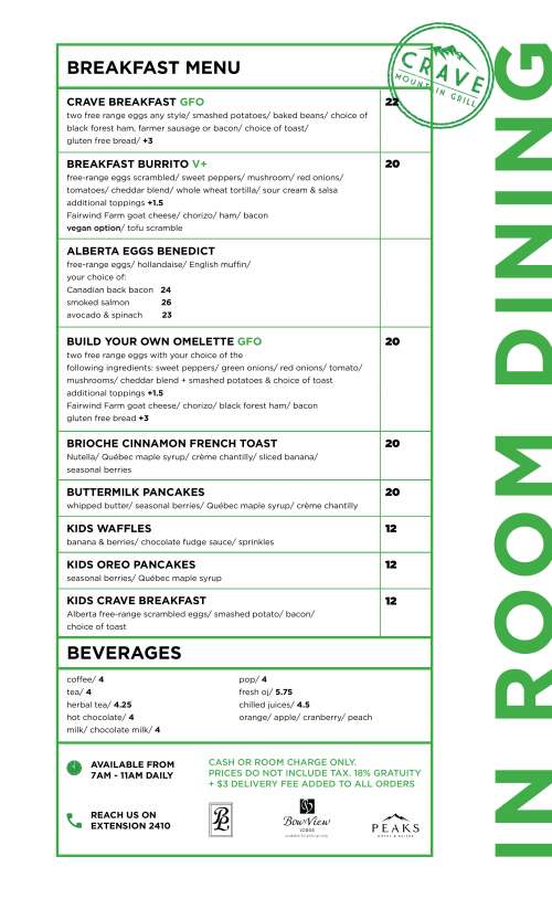 Banff Park Lodge menu in Banff, Alberta, Canada