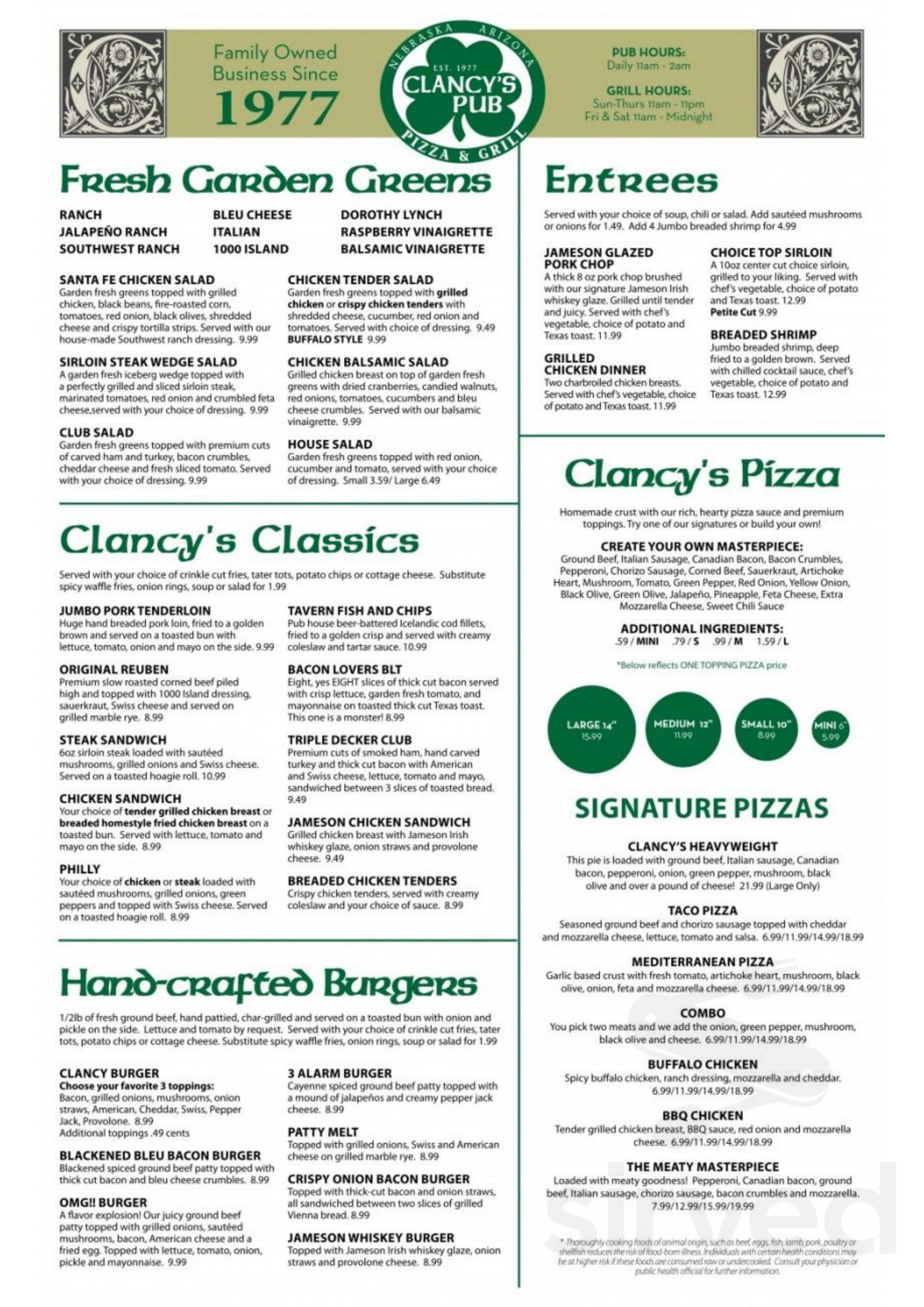 Clancy's Pub Pizza & Grill on 168th menu in Omaha, Nebraska, USA
