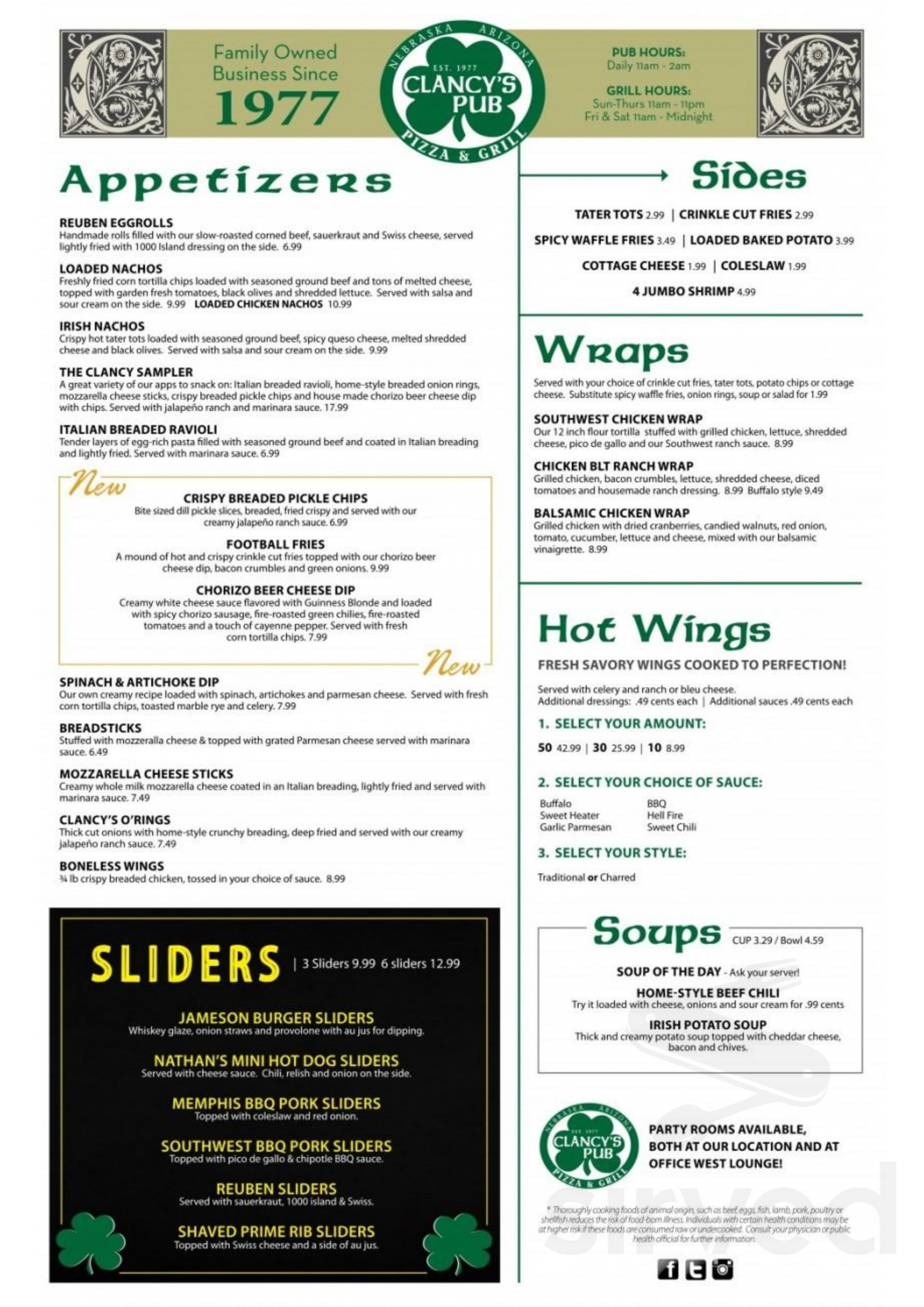 Clancy's Pub Pizza & Grill on 168th menu in Omaha, Nebraska, USA