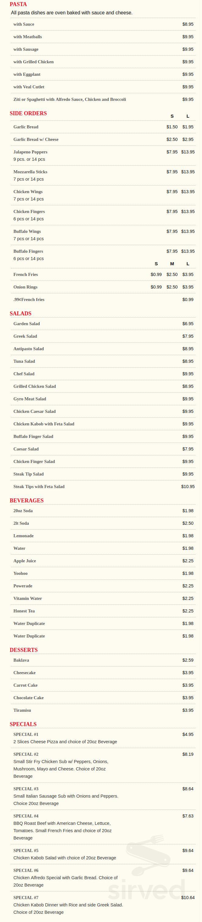 Alexander's Pizza menu in Lexington, Massachusetts, USA