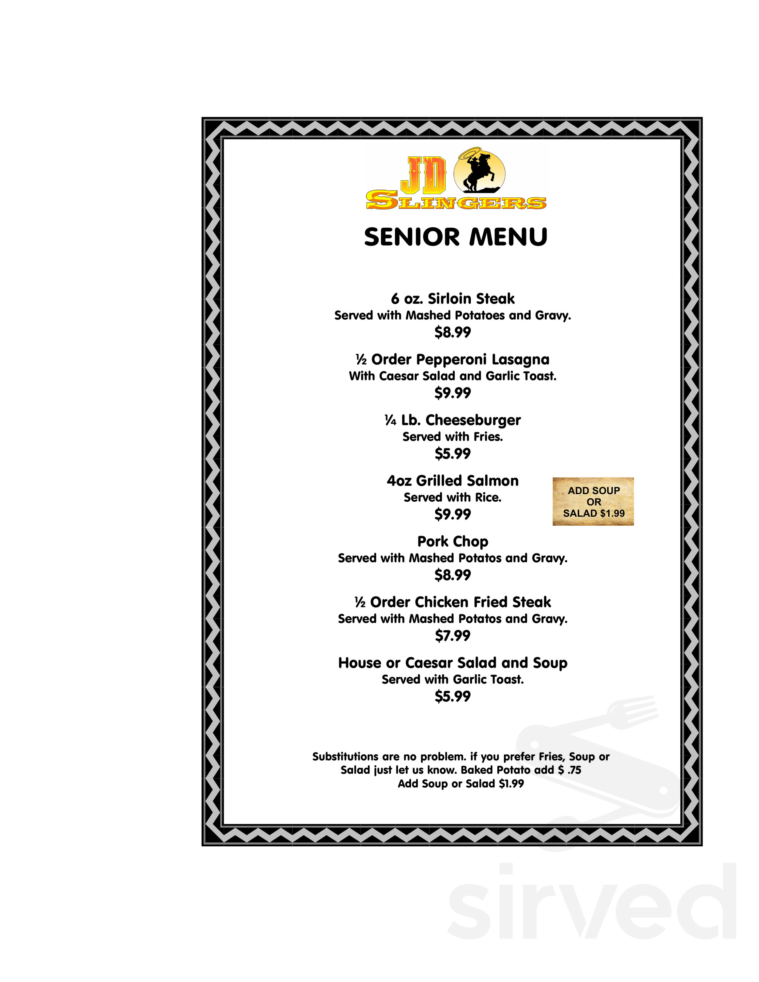 J D Slinger's Steakhouse Menu - Fallon, Nevada | Sirved