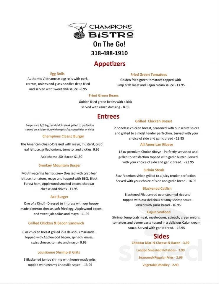 Champions Bistro menus in Delhi, Louisiana, United States