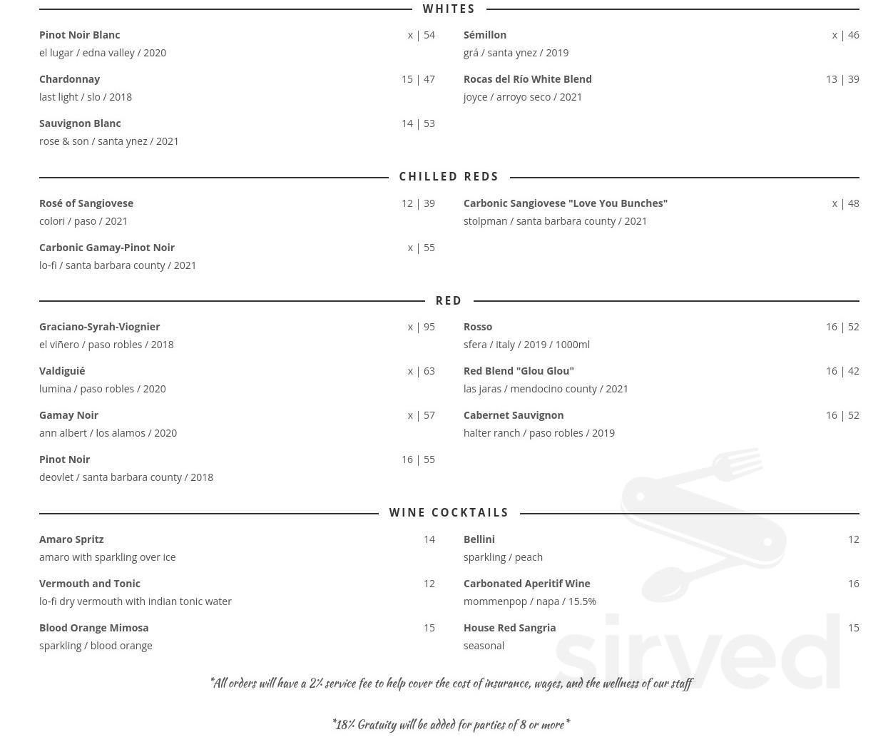 Bear & The Wren menu in San Luis Obispo, California, USA