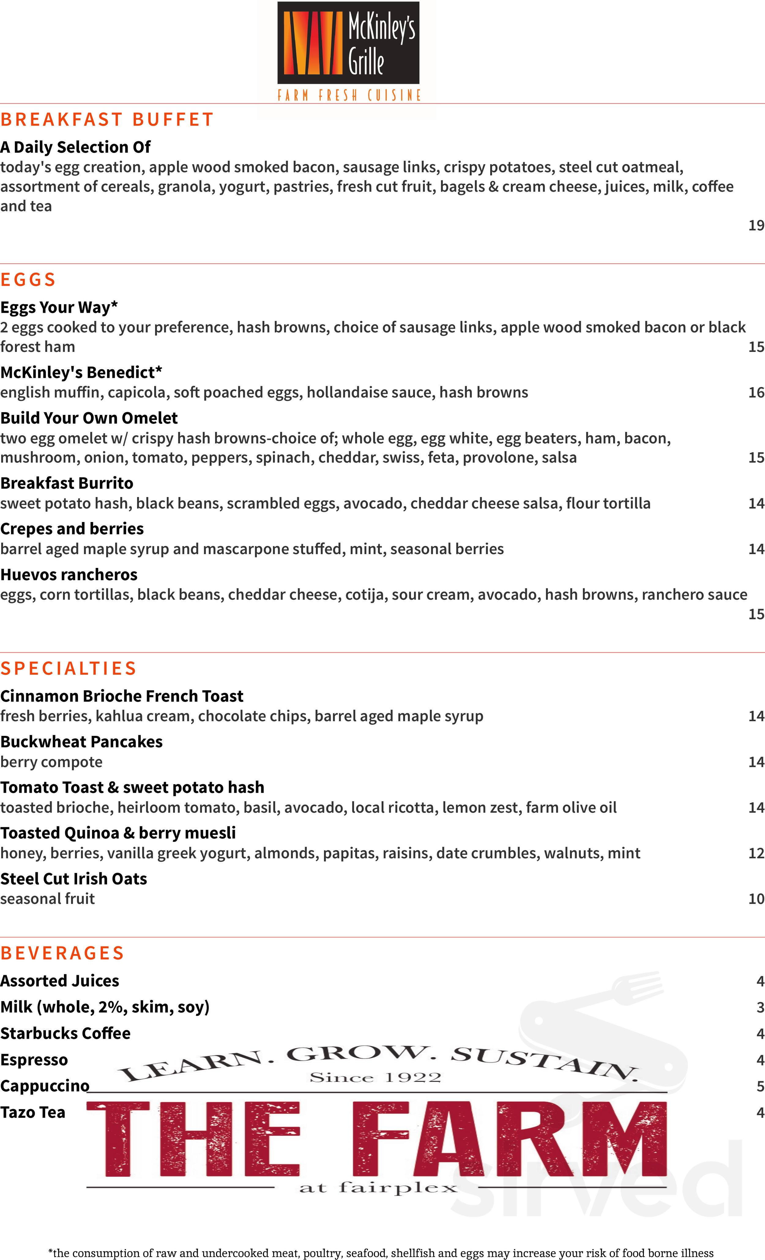 McKinley's Grille menu in Pomona, California, USA