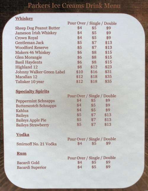 Parker's Ice Creams menu in Fair Oaks Ranch, Texas, USA