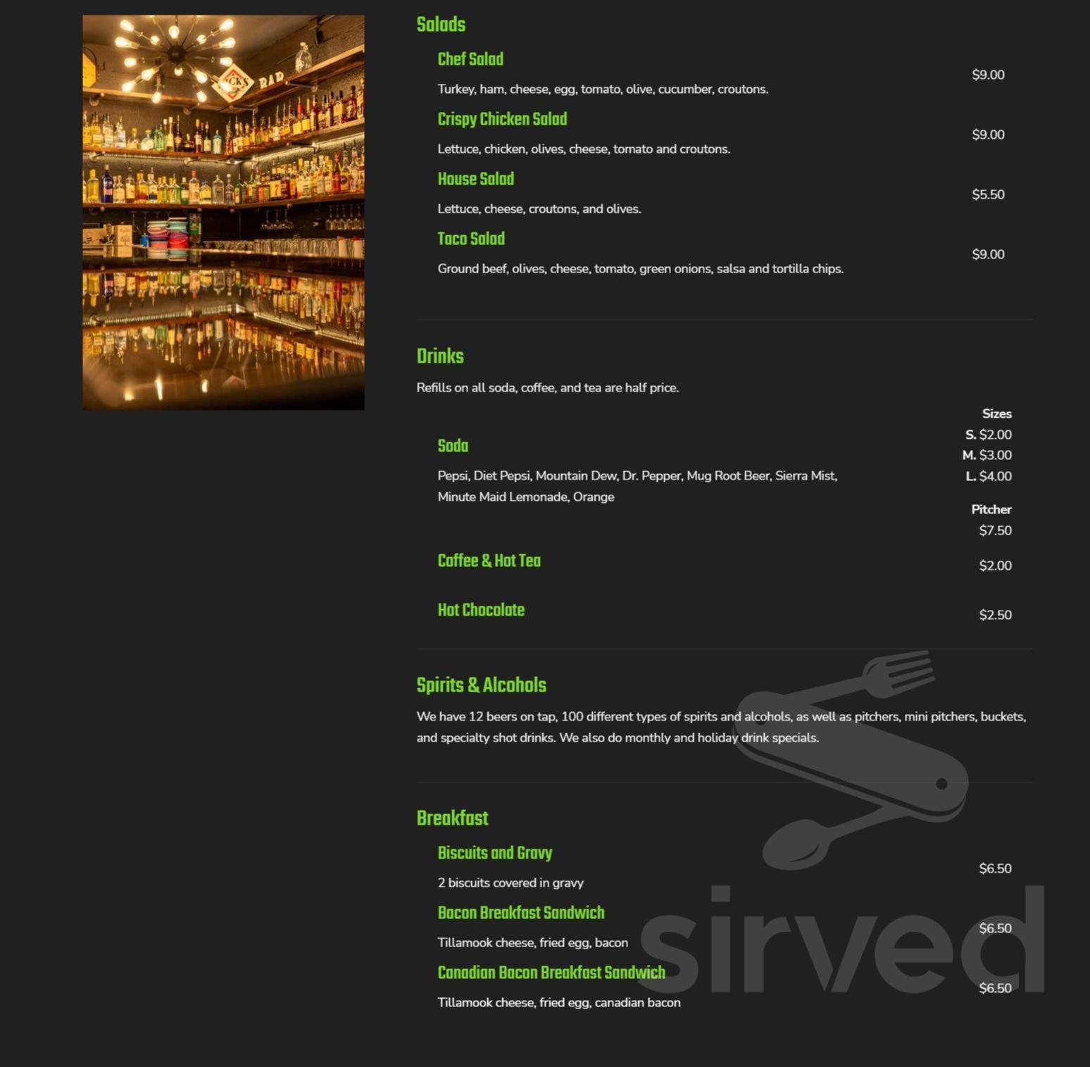 Fairway Lanes menu in Centralia, Washington, USA