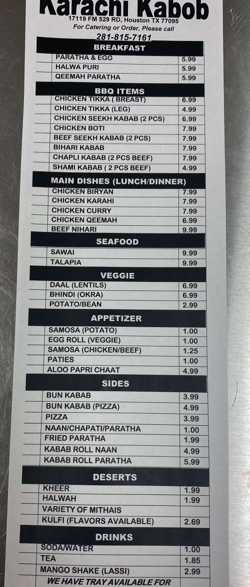 Karachi Kabob menu in Houston, Texas, USA