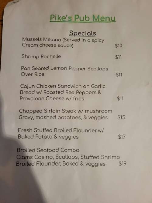 Pike's Pub menu in Southampton, Pennsylvania, USA