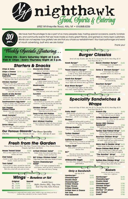 Nighthawk Food & Spirits menu in Alto, Michigan, USA