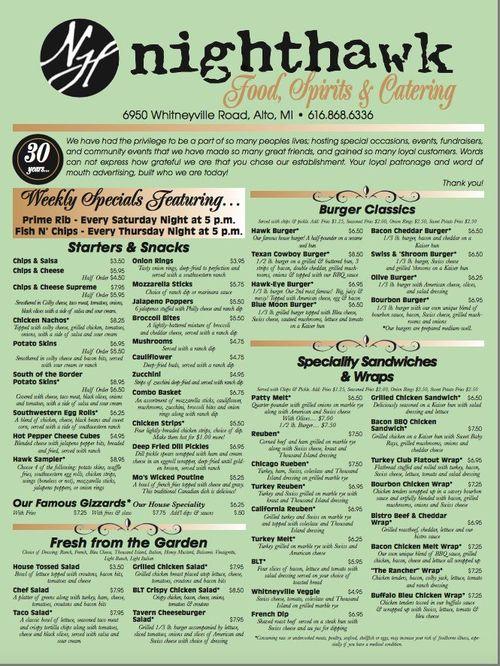 Nighthawk Food & Spirits menu in Alto, Michigan, USA