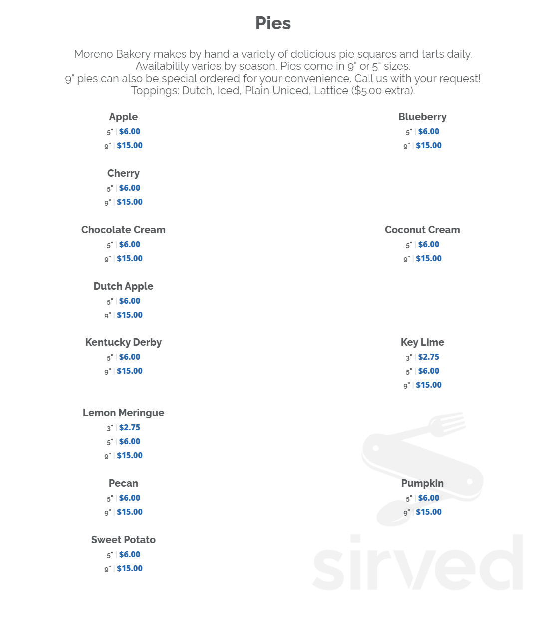 Moreno Bakery menu in Brandon, Florida, USA
