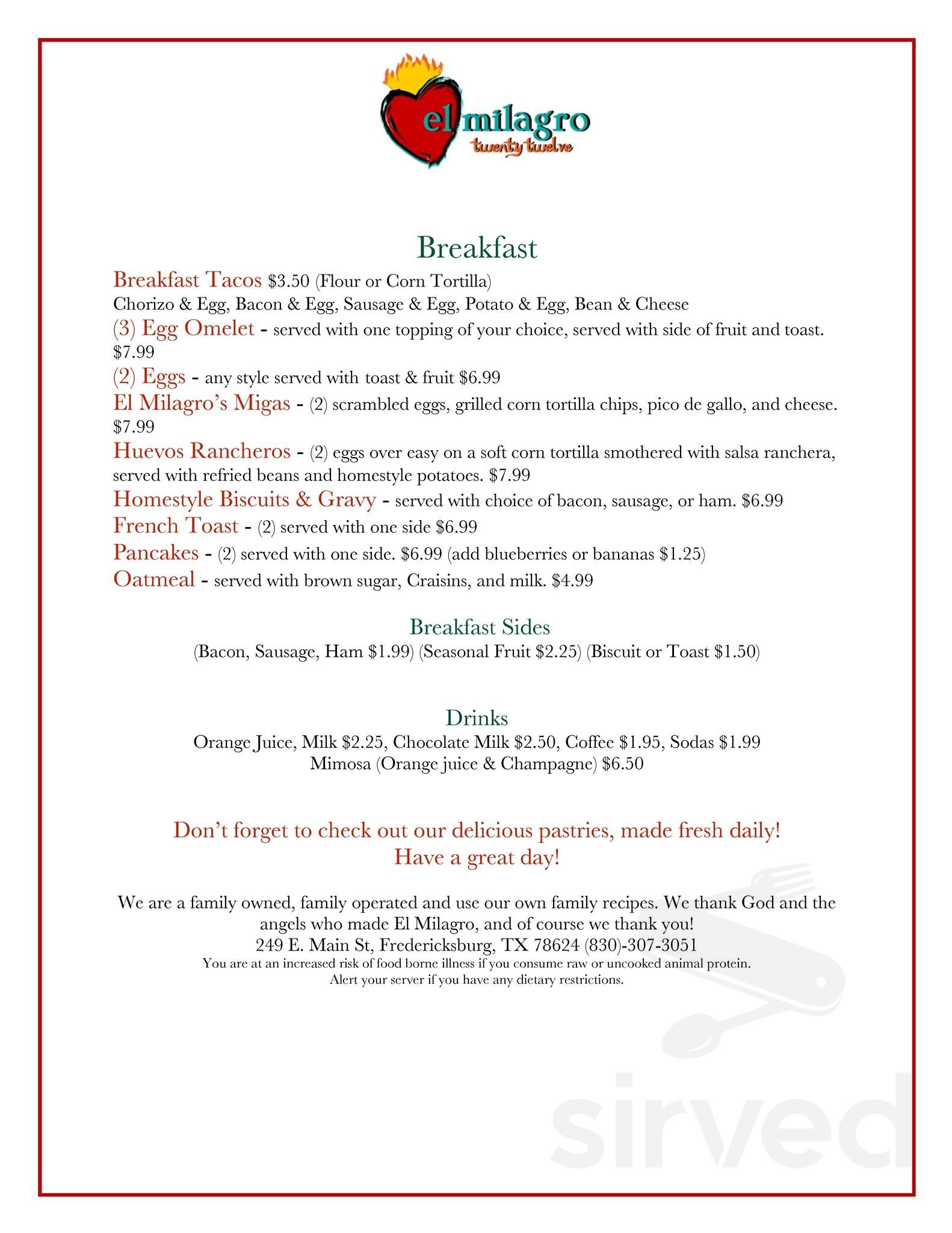 El Milagro Twenty Twelve menu in Fredericksburg, Texas, USA