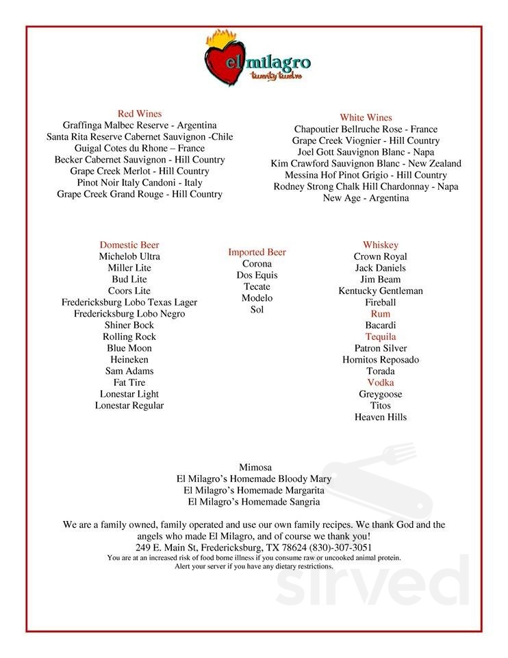 El Milagro Twenty Twelve menu in Fredericksburg, Texas, USA