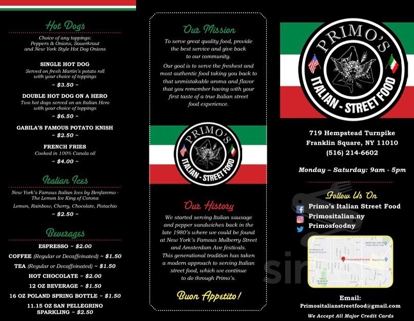 Primo's Italian Street Food menu in Franklin Square, New York, USA
