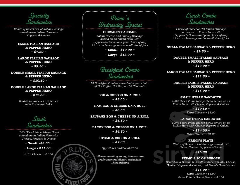 Primo's Italian Street Food menu in Franklin Square, New York, USA