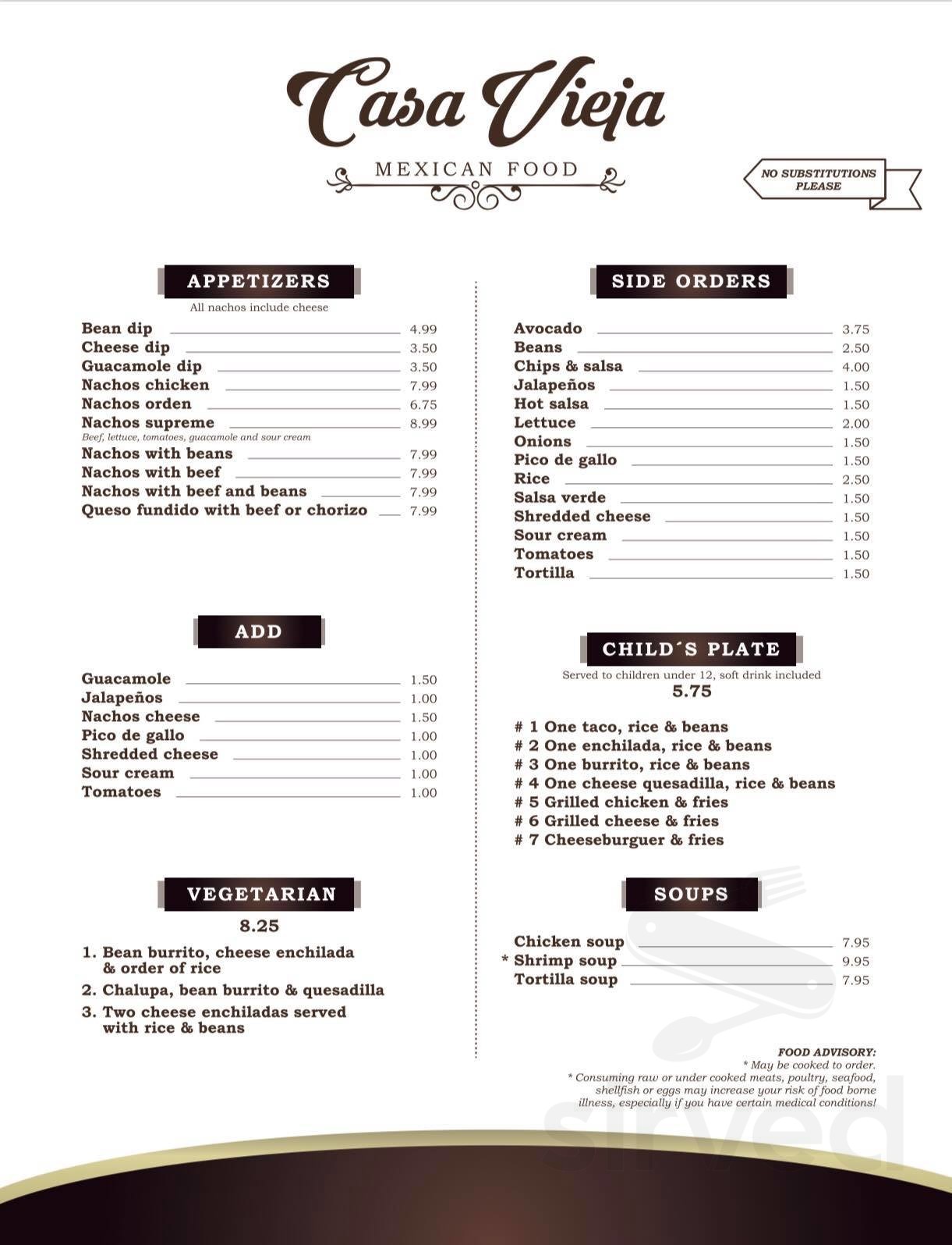 Menu for Casa vieja Mexican Food in Belmont, North Carolina, United States