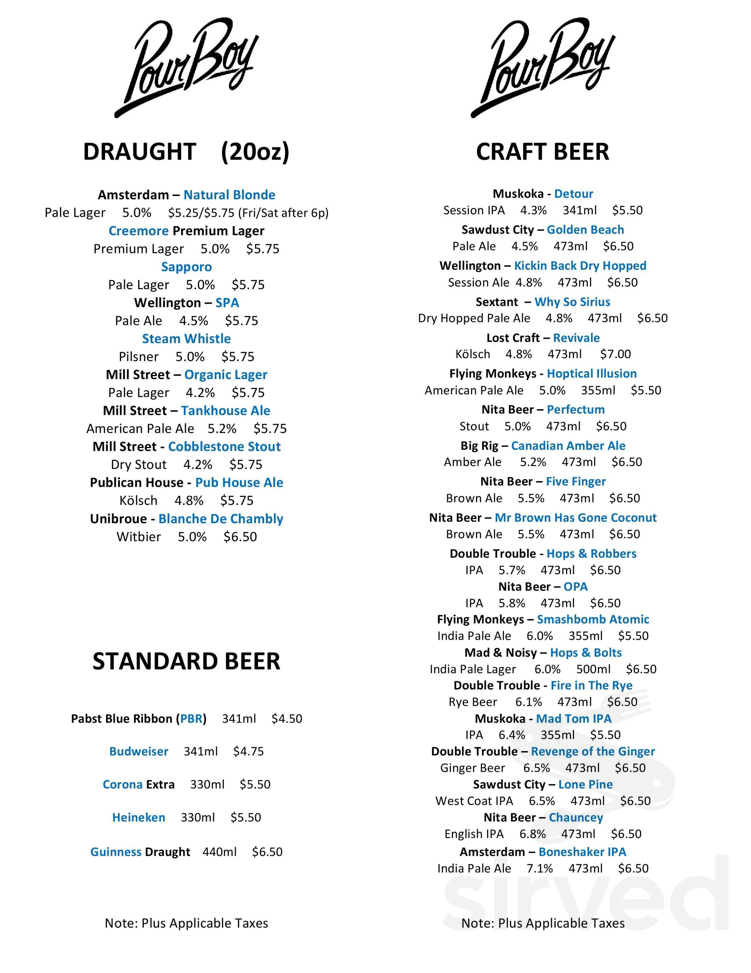 Menu - Toronto ON's Pour Boy - Manning | Sirved