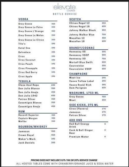 Elevate Lounge menu in Los Angeles, California, USA