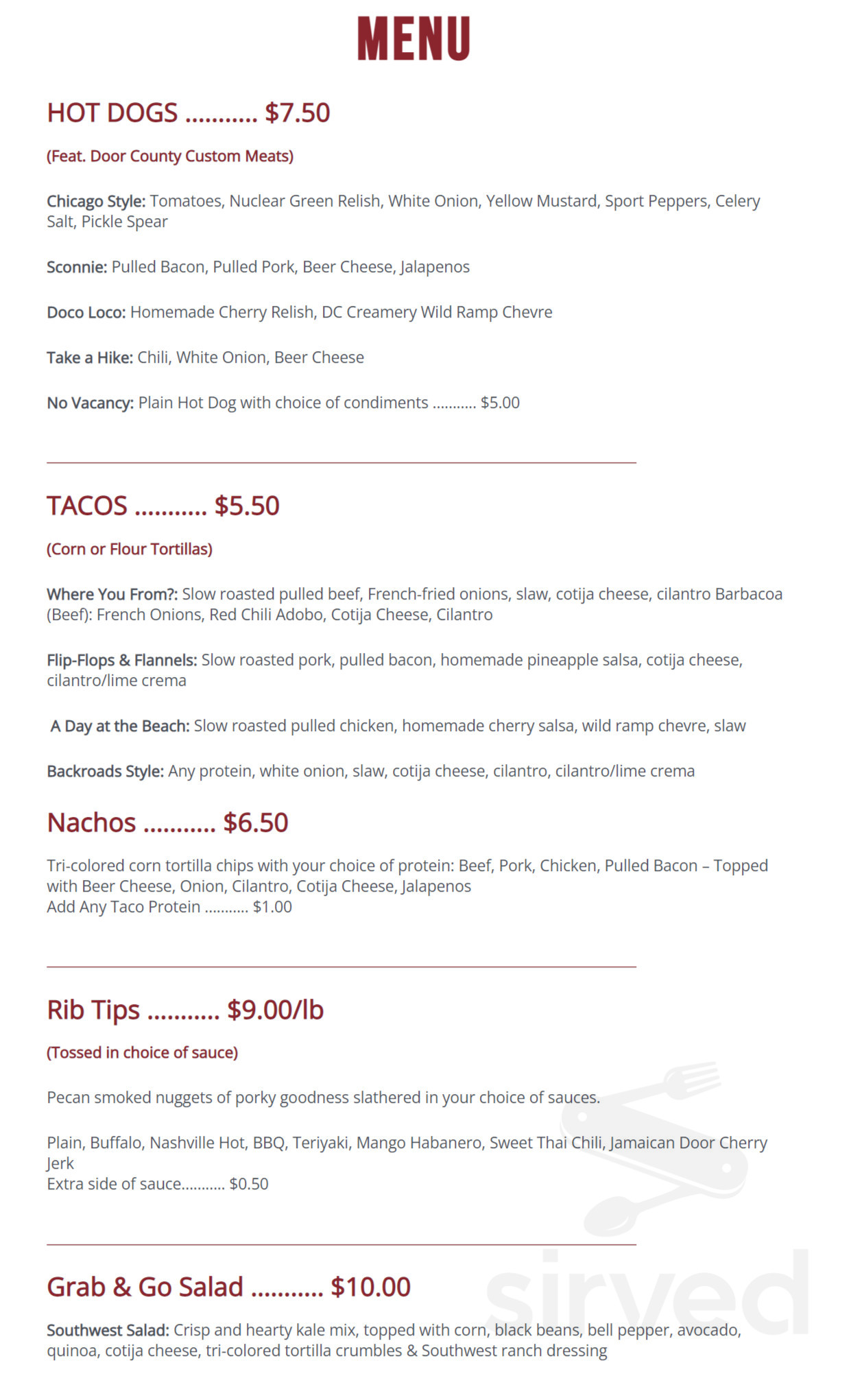 The Cherry Hut menu in Fish Creek, Wisconsin, USA