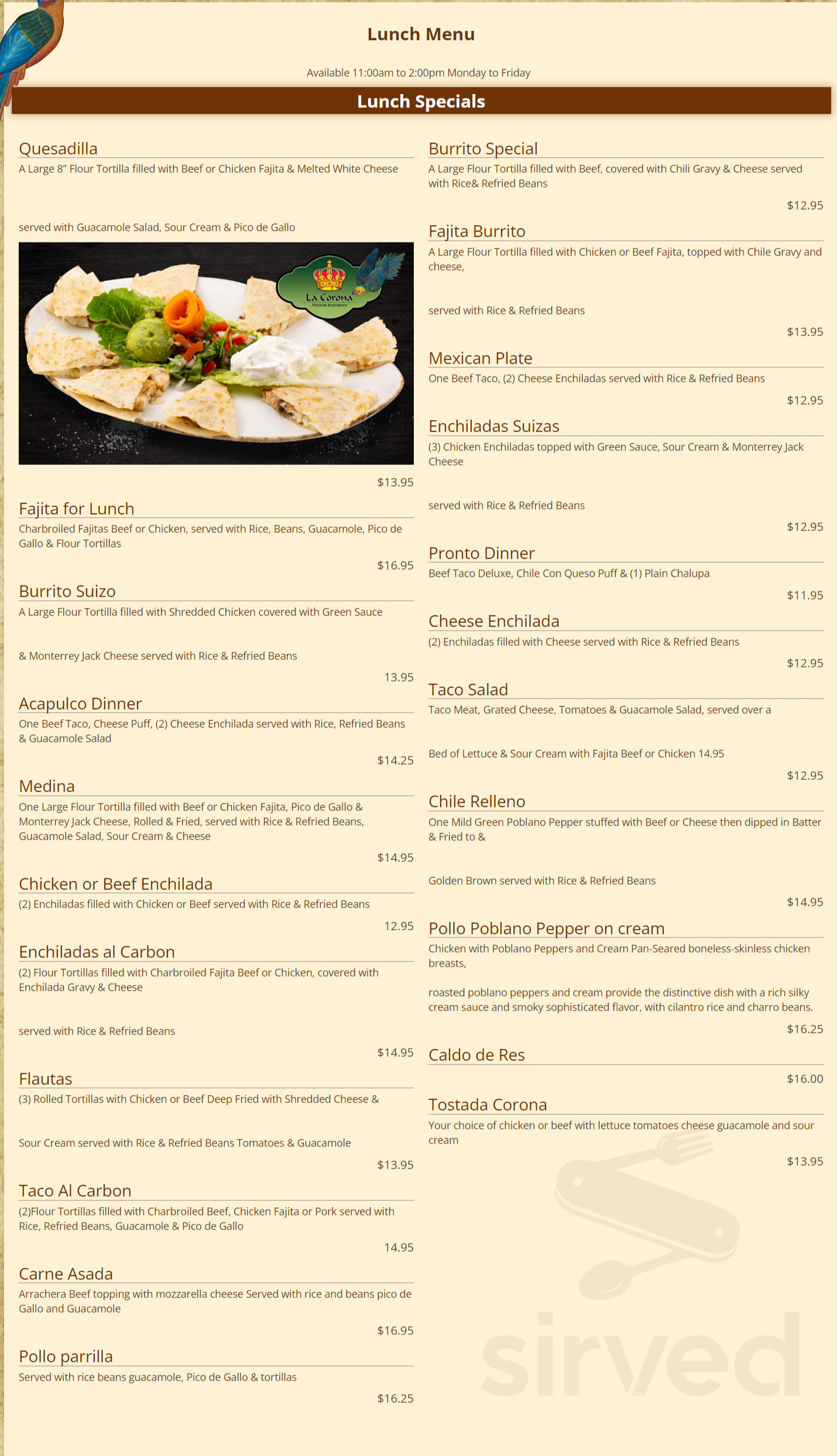 La Corona menu in Houston, Texas, USA