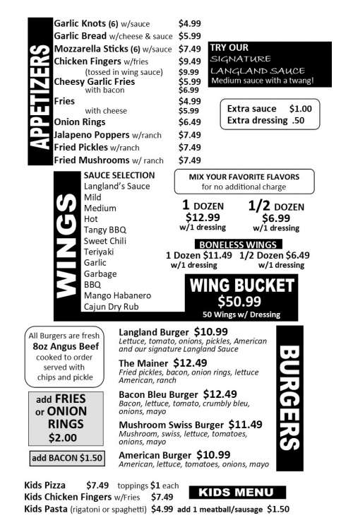 Langland's menu in Endicott, New York, USA