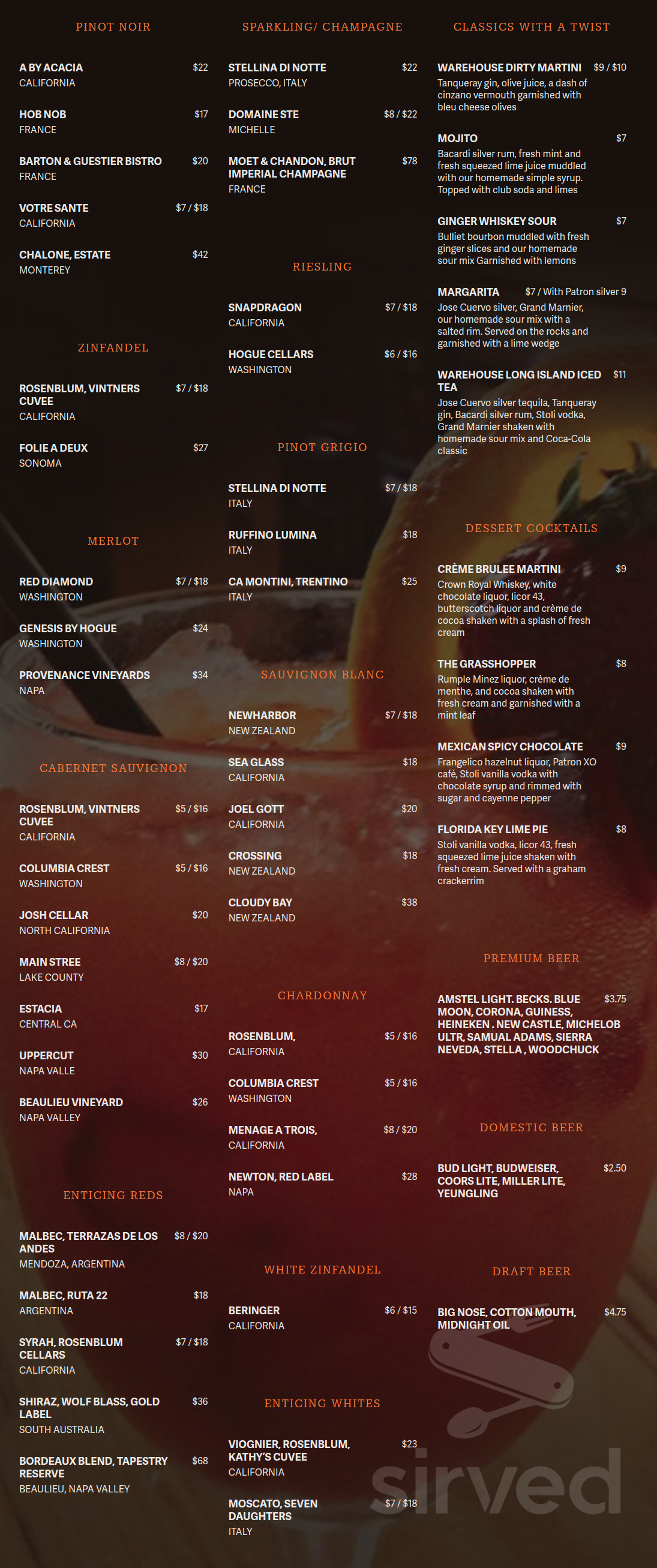 Menu - Gainesville FL's The Warehouse Restaurant and Lounge | Sirved
