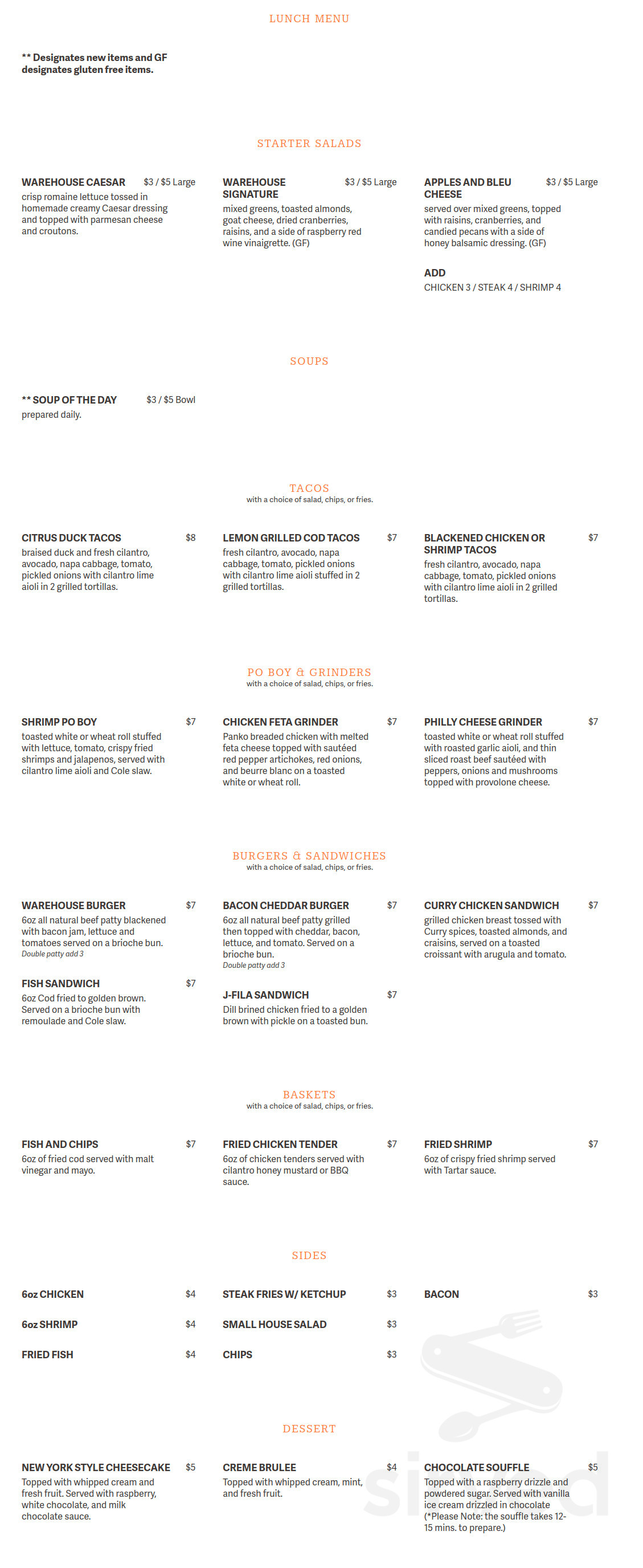 Menu - Gainesville FL's The Warehouse Restaurant and Lounge | Sirved
