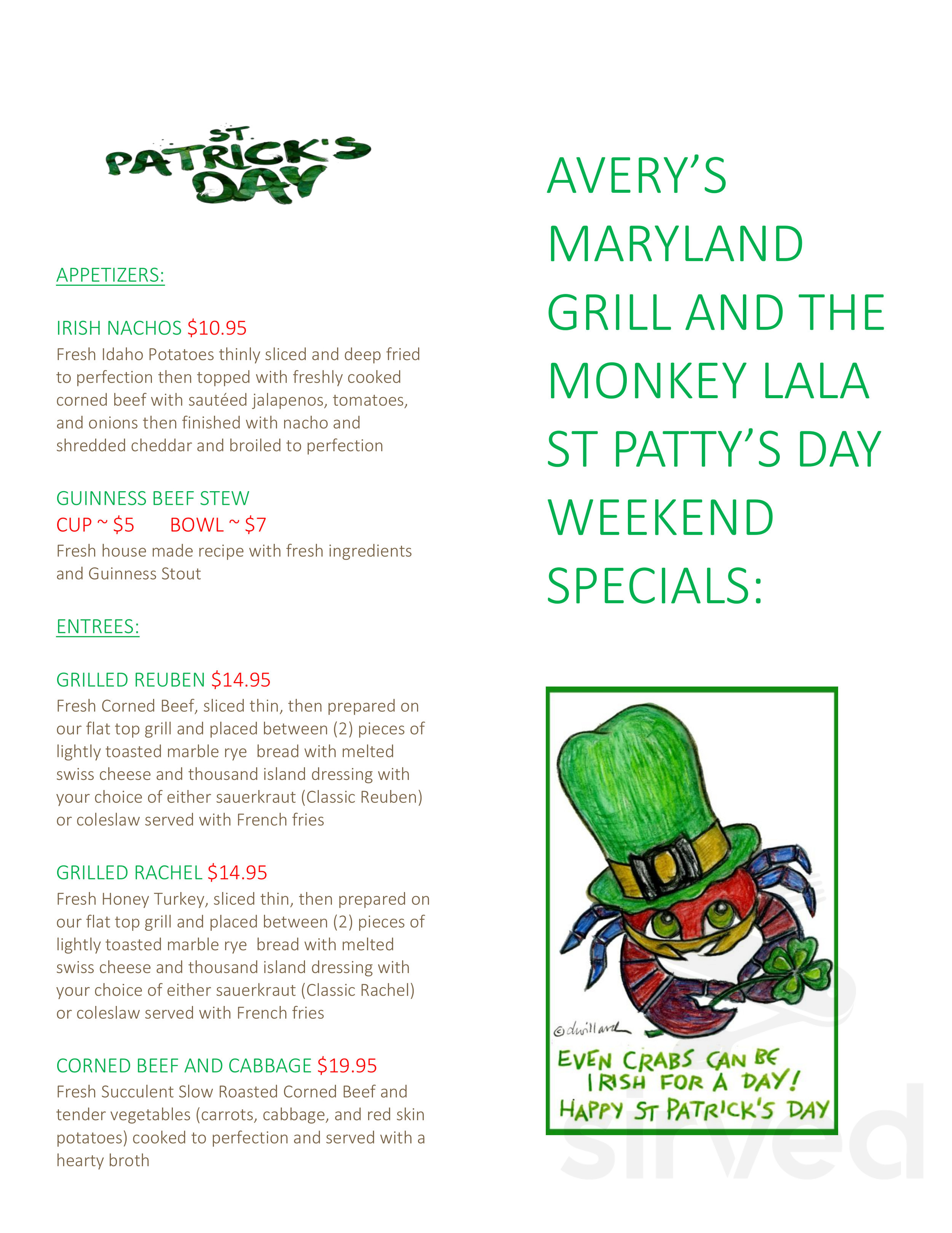Avery's Maryland Grille menu in Frederick, Maryland, USA